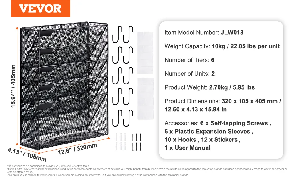 VEVOR File Wall Rack, Two-Piece 6 Pockets Mesh Wall File Holder, Wall ...