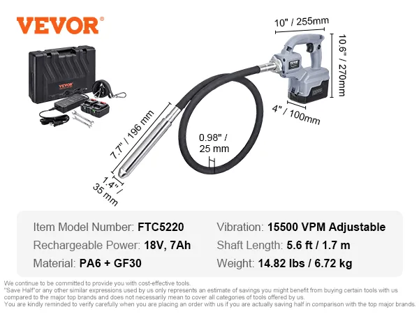 VEVOR Cordless Concrete Vibrator, 5.6 ft, Electric Vibrator 15500 VPM ...