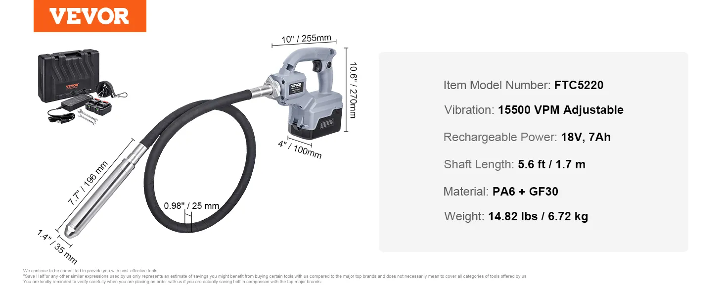 VEVOR Cordless Concrete Vibrator, 5.6 ft, Electric Vibrator 15500 VPM ...