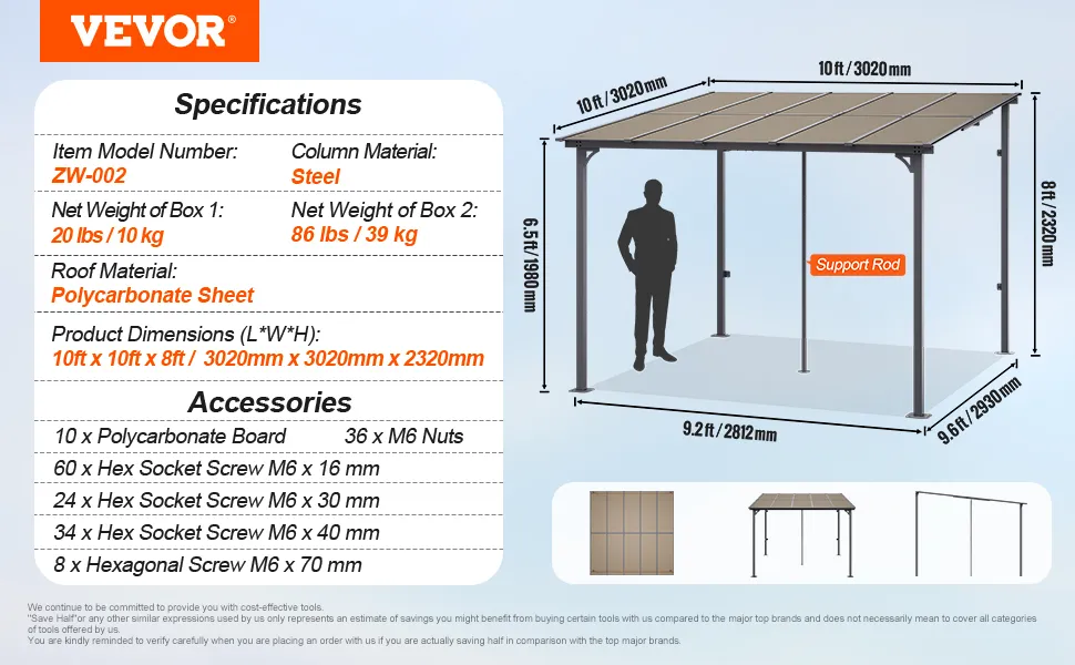 VEVOR Lean to Gazebo for Patio, 10' x 10' Hard Top Gazebo with Medal ...