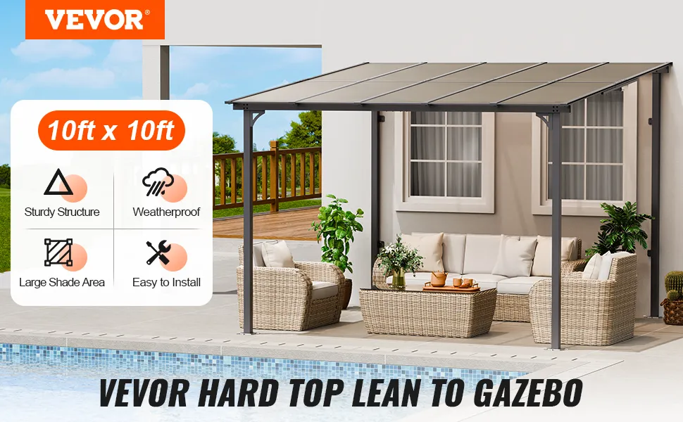 VEVOR Lean to Gazebo for Patio, 10' x 10' Hard Top Gazebo with Medal ...