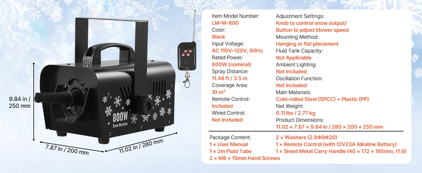 VEVOR Snow Machine, 800W Handheld/Hanging Snow Maker, Portable Wireless ...