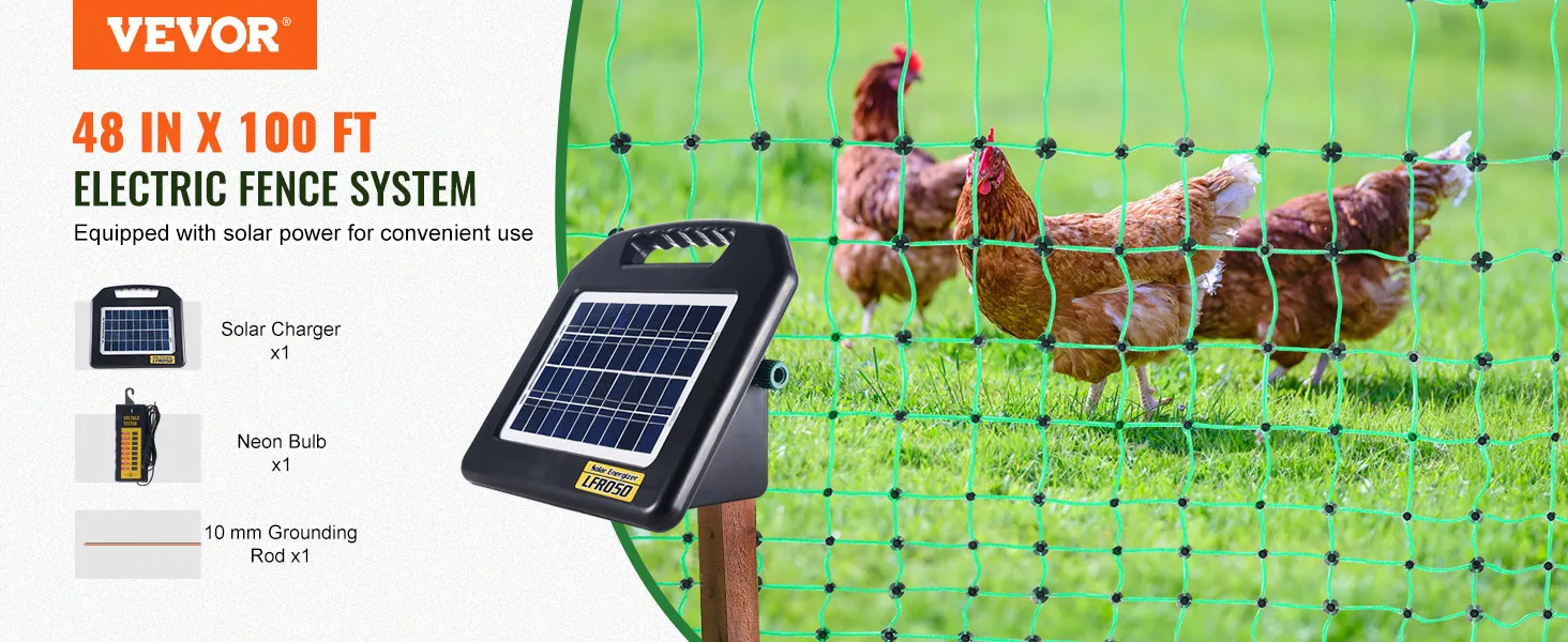 VEVOR Electric Fence Netting, 48" H x 100' L, PE Net Fencing with Solar ...