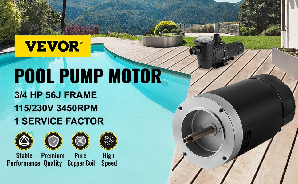 VEVOR Pool Motor,3/4 HP, 3450 RPM, 1 Speed, 230/115 Volts, 5.1/10.1 ...