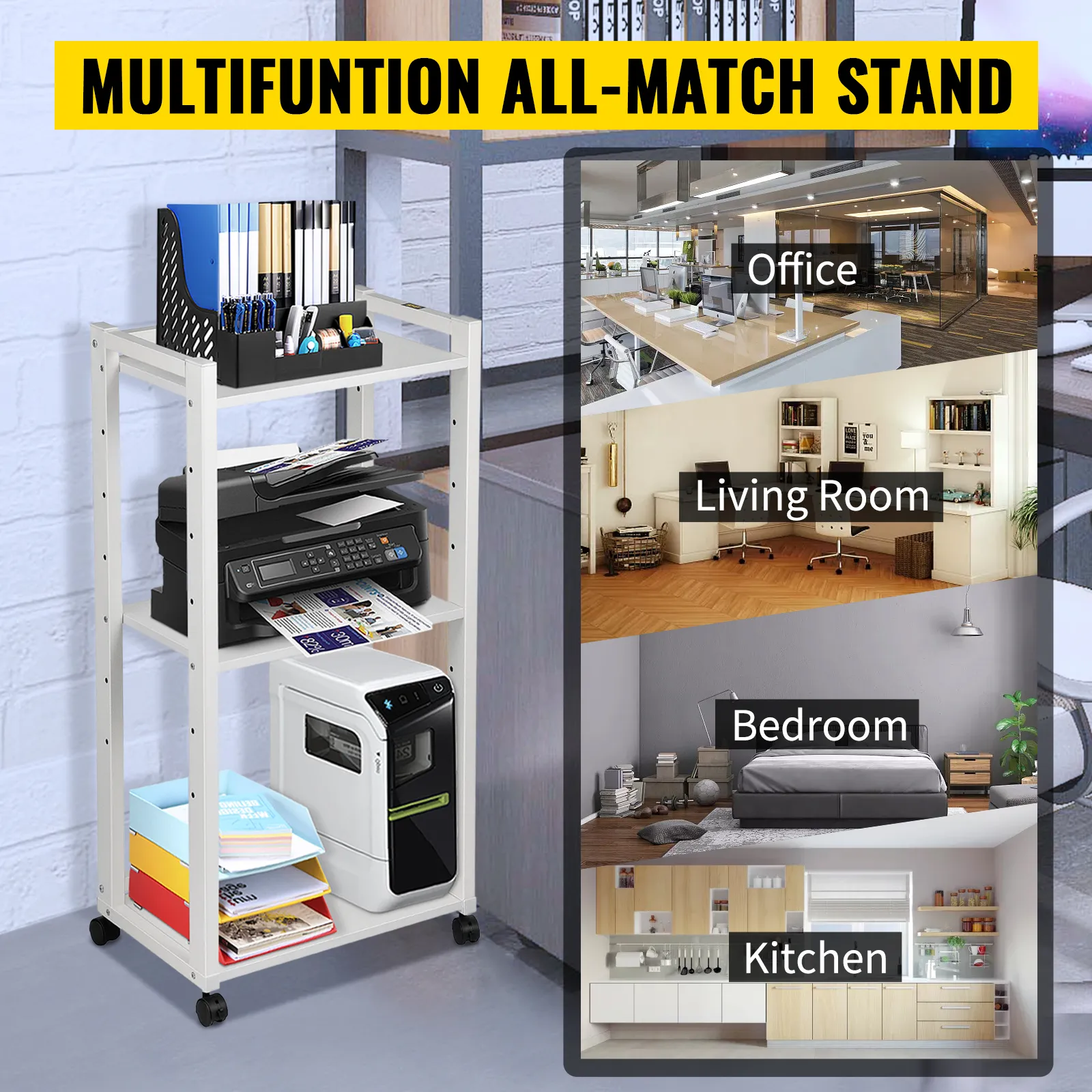 VEVOR Printer Stand, 3-Tier Rolling Printer Cart, Adjustable Storage ...