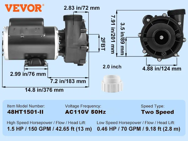 VEVOR 2 Speed SPA Pump, 48-Frame, AC 110-120V Hot Tub SPA Pump, 1.5HP ...