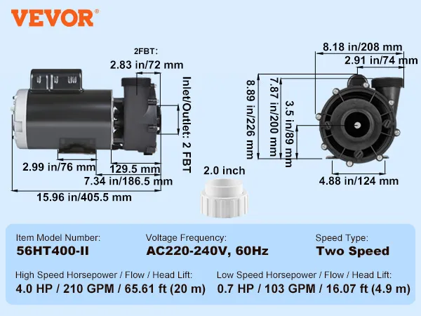 VEVOR 2 Speed SPA Pump, 56-Frame, AC 220-240V Hot Tub SPA Pump, 4HP ...