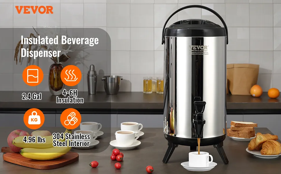 VEVOR Stainless Steel Insulated Beverage Dispenser, 2.4 Gallon 9.2 ...