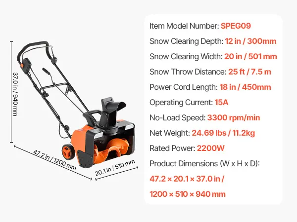 VEVOR Electric Snow Blower, 20 inch 15A Corded Snow Thrower with Dual ...