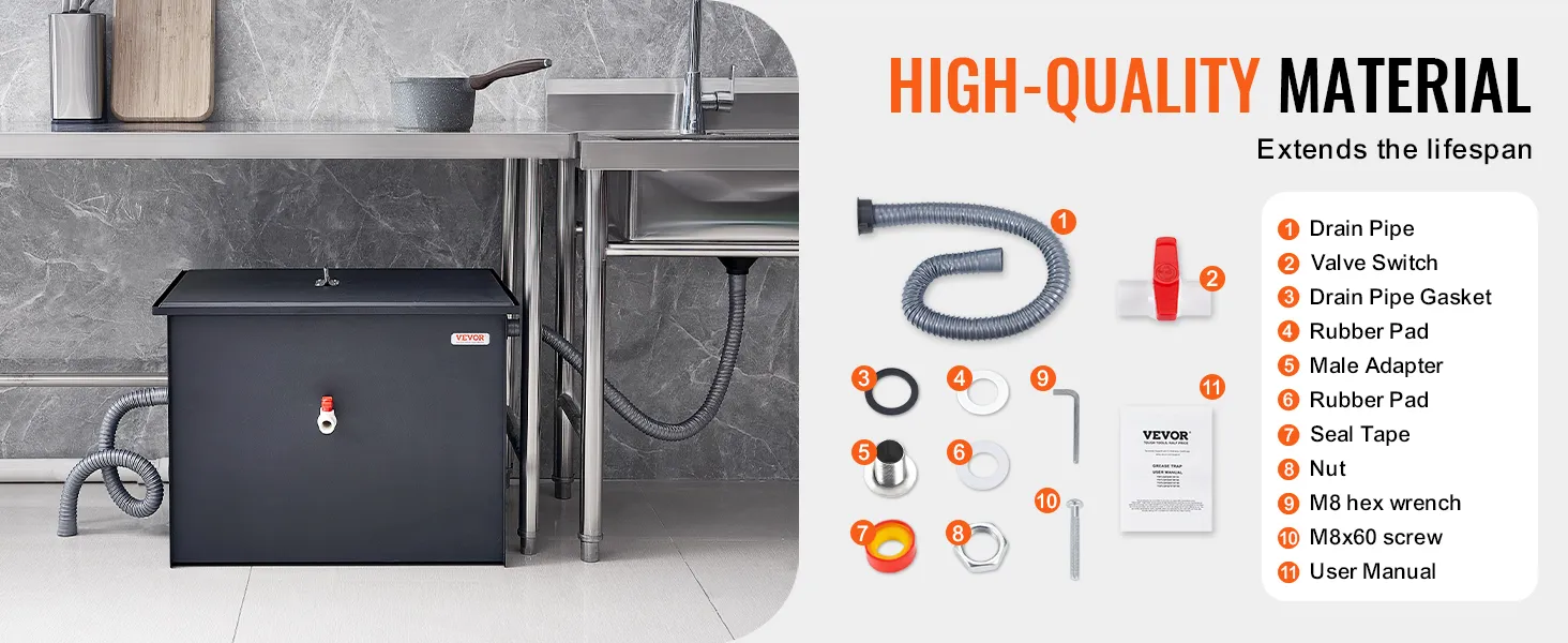 VEVOR Commercial Grease Trap, 30 LBS Grease Interceptor, Side Inlet ...