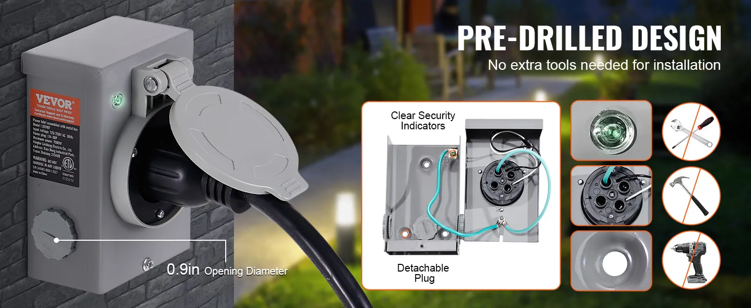 VEVOR 30 Amp Generator Cord and Power Inlet Box Kit, 25 FT, NEMA L14 ...