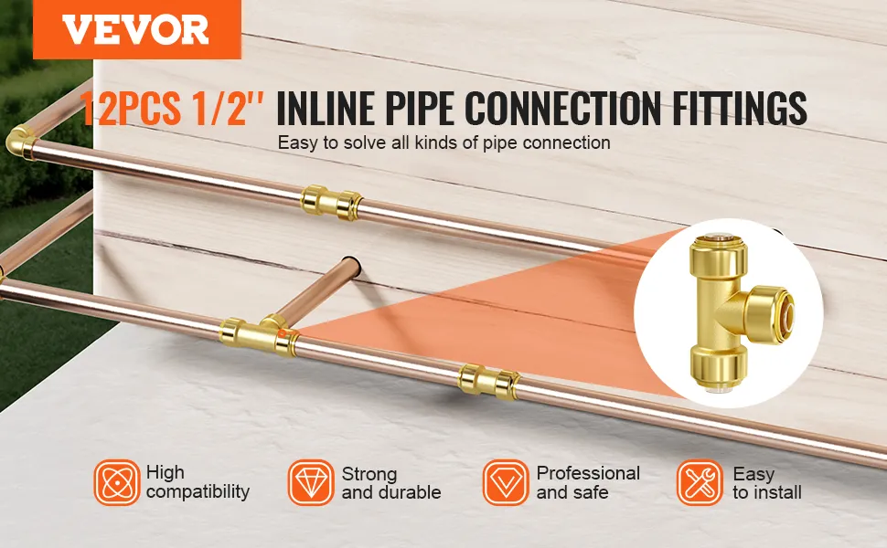 VEVOR Copper Pipe Fittings — 12-Pack Push-Fit Brass Tees