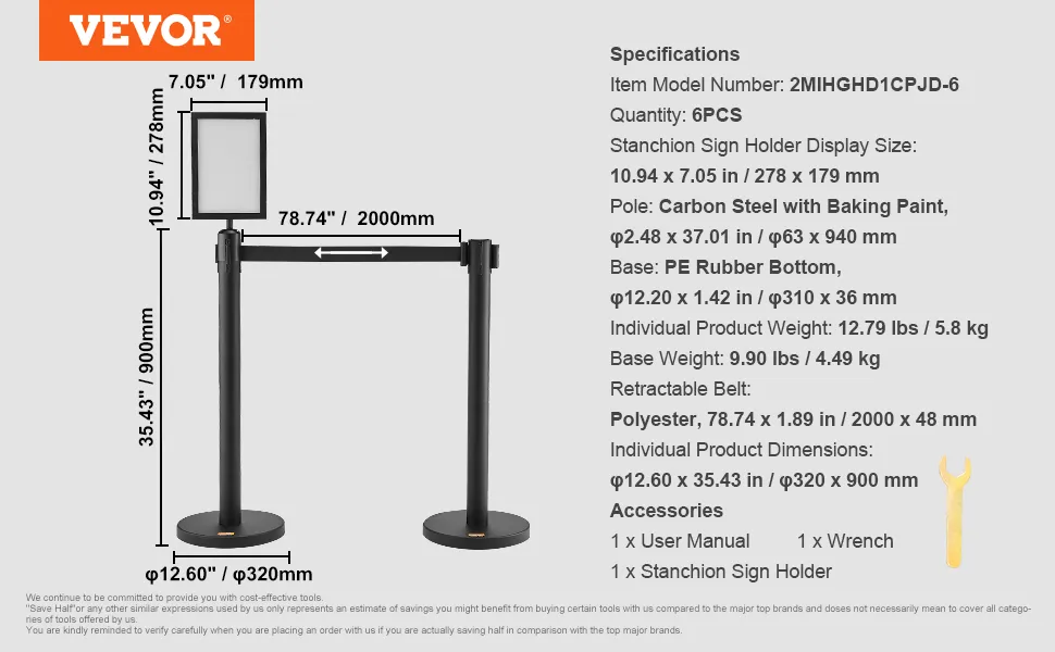 VEVOR Crowd Control Stanchions, 6-Pack Crowd Control Barriers, Carbon ...