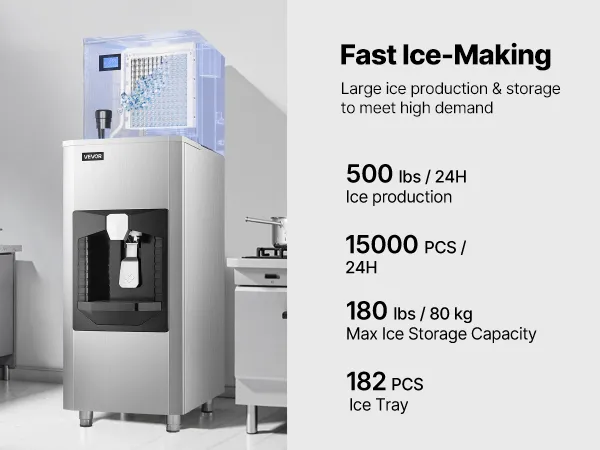 VEVOR Commercial Ice Maker, 500 Lbs/Day Ice Maker Machine, 180 Lbs ...