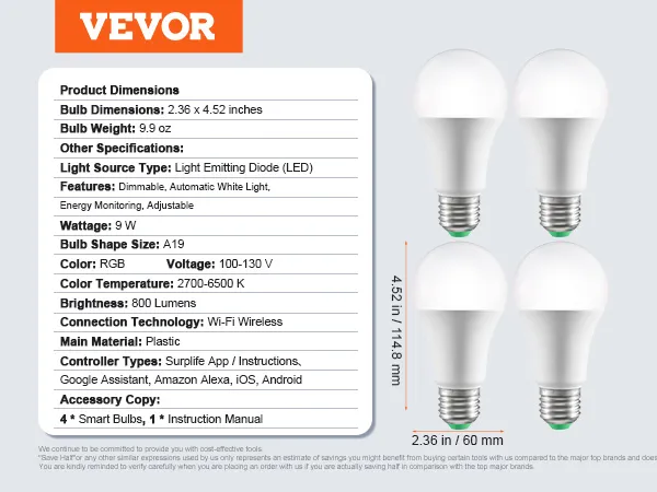 VEVOR Smart Light Bulbs, 4-Pack, 9W Multicolor LED Bulbs, 800 Lumens ...