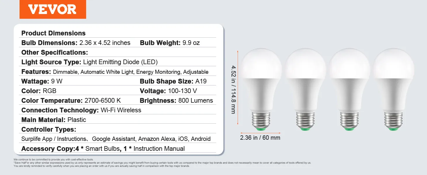 VEVOR Smart Light Bulbs, 4-Pack, 9W Multicolor LED Bulbs, 800 Lumens ...