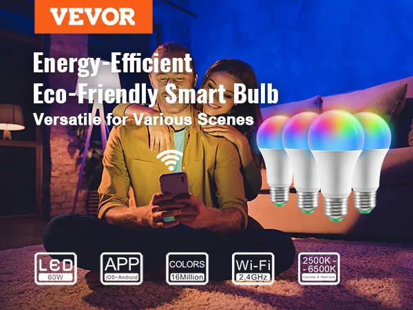 VEVOR Smart Light Bulbs, 4-Pack, 9W Multicolor LED Bulbs, 800 Lumens ...