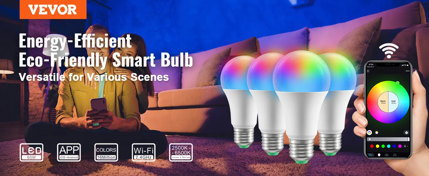 VEVOR Smart Light Bulbs, 4-Pack, 9W Multicolor LED Bulbs, 800 Lumens ...