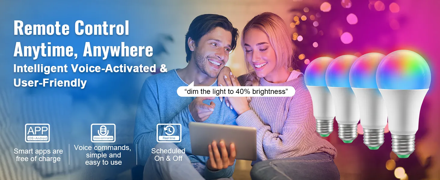VEVOR Smart Light Bulbs, 4-Pack, 9W Multicolor LED Bulbs, 800 Lumens ...