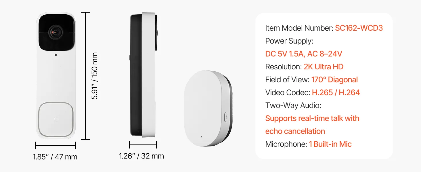 VEVOR Video Doorbell, 2K Wireless Camera Ring Doorbell Works with 170 ...