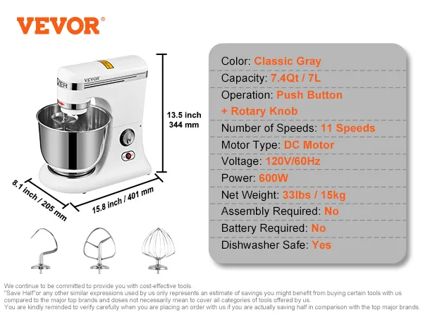 VEVOR 600W Stand Mixer 11-Speed Tilt-Head Dough Mixer 7.4 Qt Bowl 3 ...