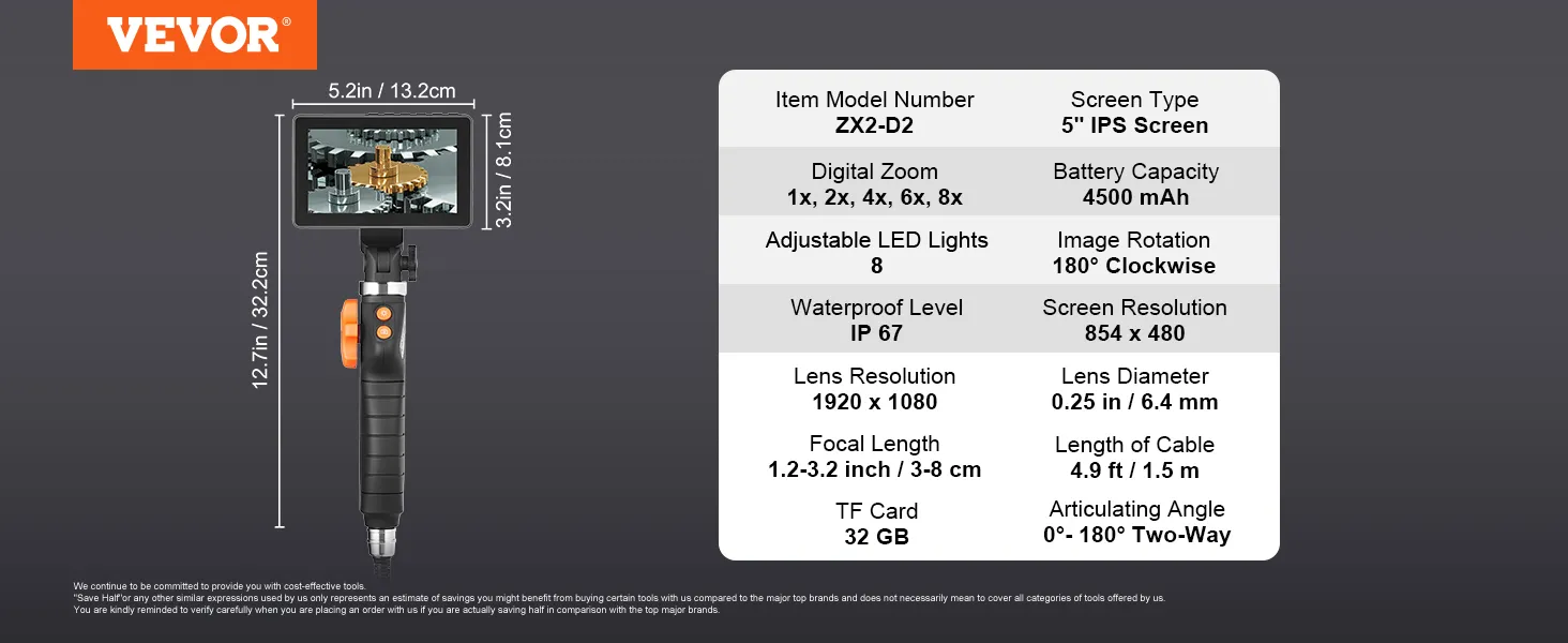 VEVOR Borescope Endoscope Two-Way 180° Articulating 5" IPS 8X Zoom 6.4mm Lens | VEVOR US
