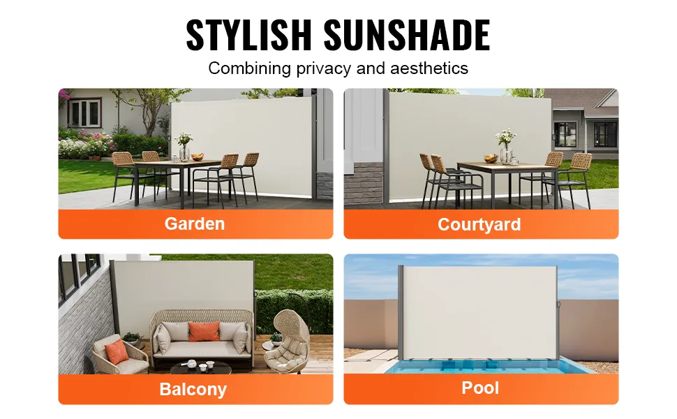 VEVOR Retractable Side Awning, 63''x 118'' Aluminum Outdoor Privacy Screen, 280g Polyester Water ...